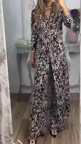 Casual all-in-one Long sleeve slim V-neck long top straight trousers t ...